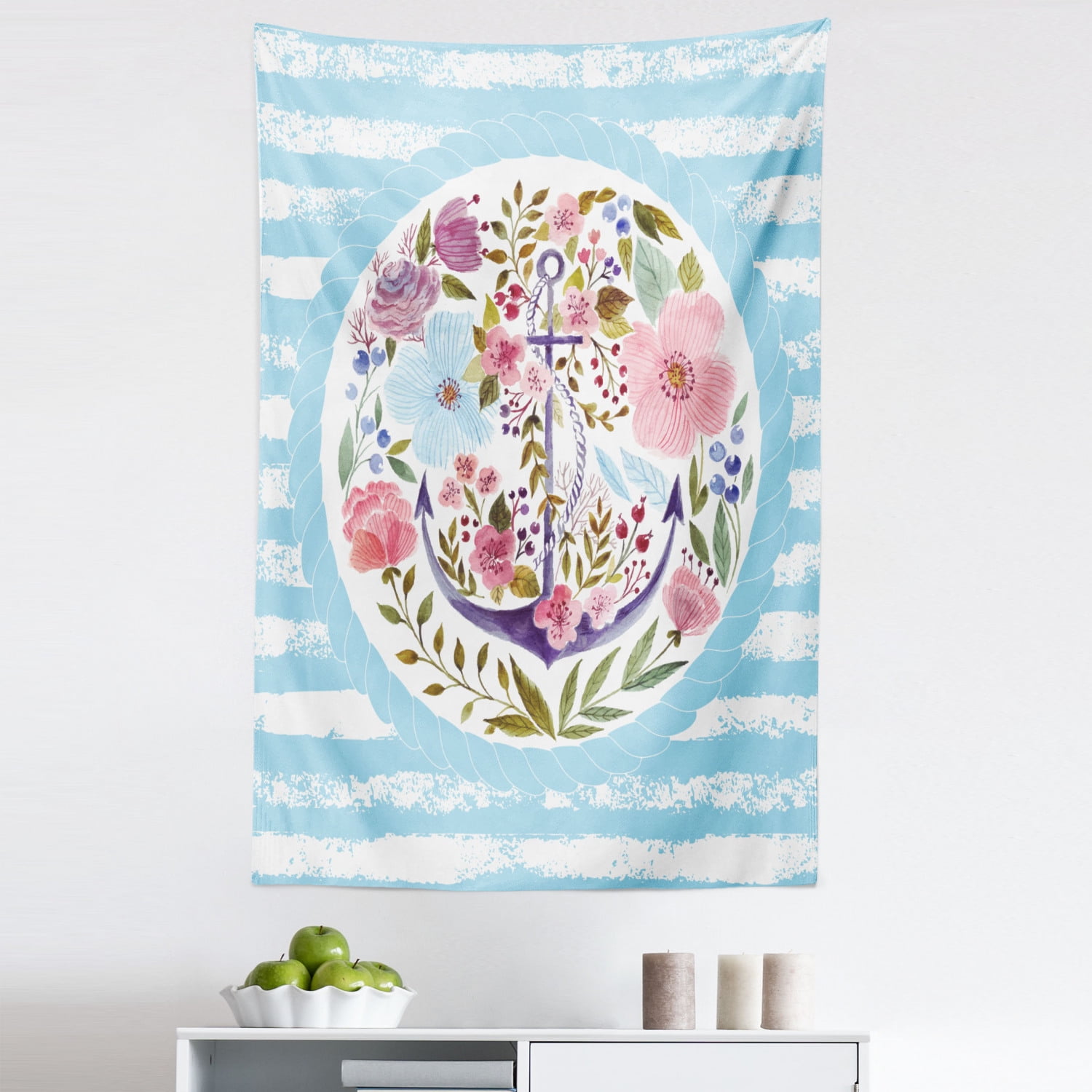 Vintage Tapestry, Nautical Anchor Marine Floral Roses Bouquet Wreath ...