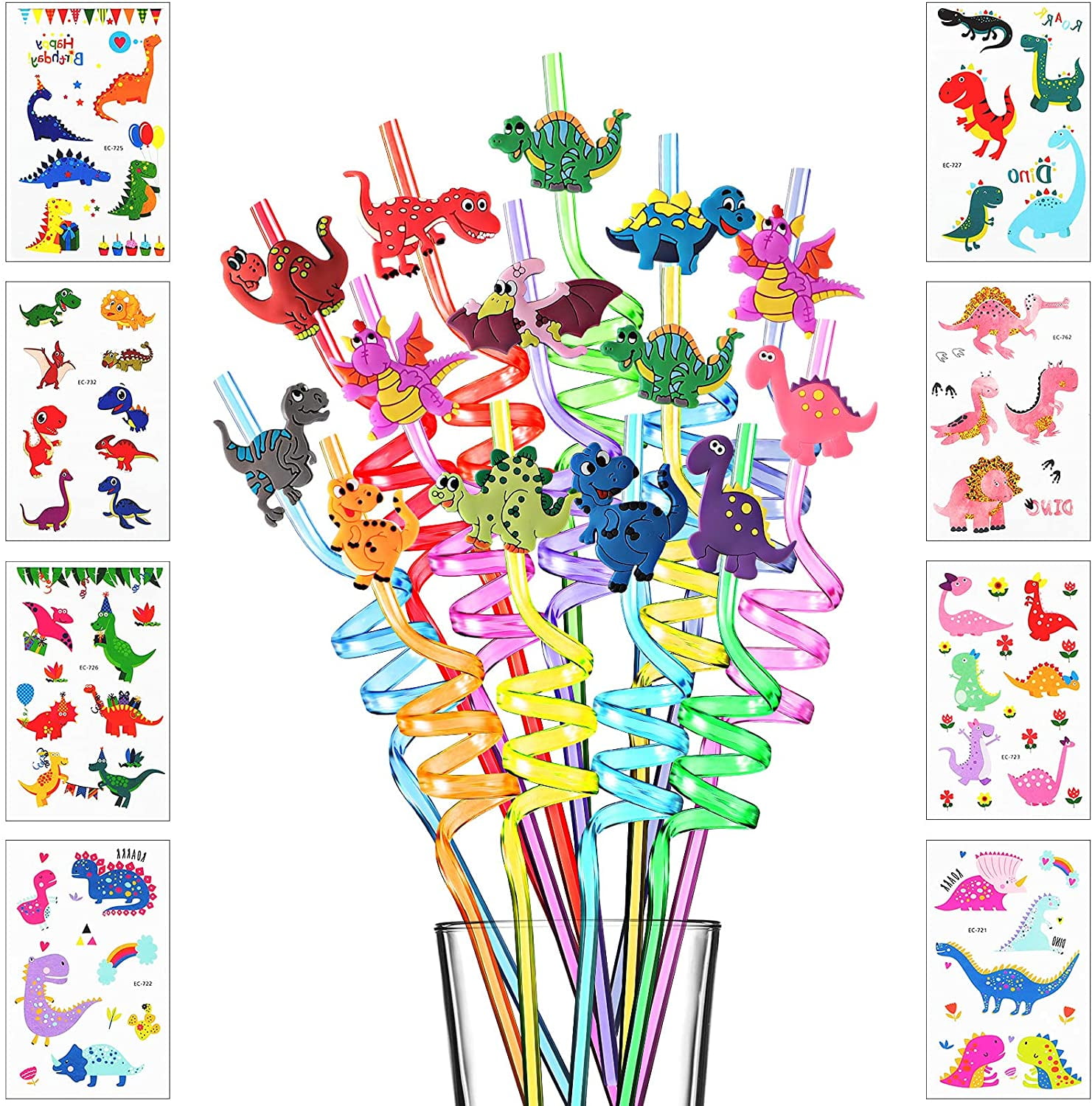 32 Pieces Reusable Dinosaur Straws and 8 Pieces Dinosaur Temporary ...