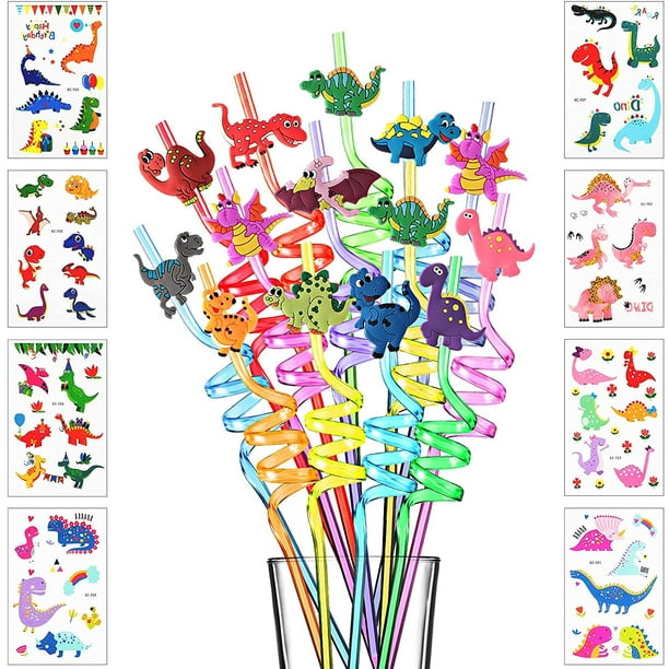 32 Pieces Reusable Dinosaur Straws and 8 Pieces Dinosaur Temporary ...