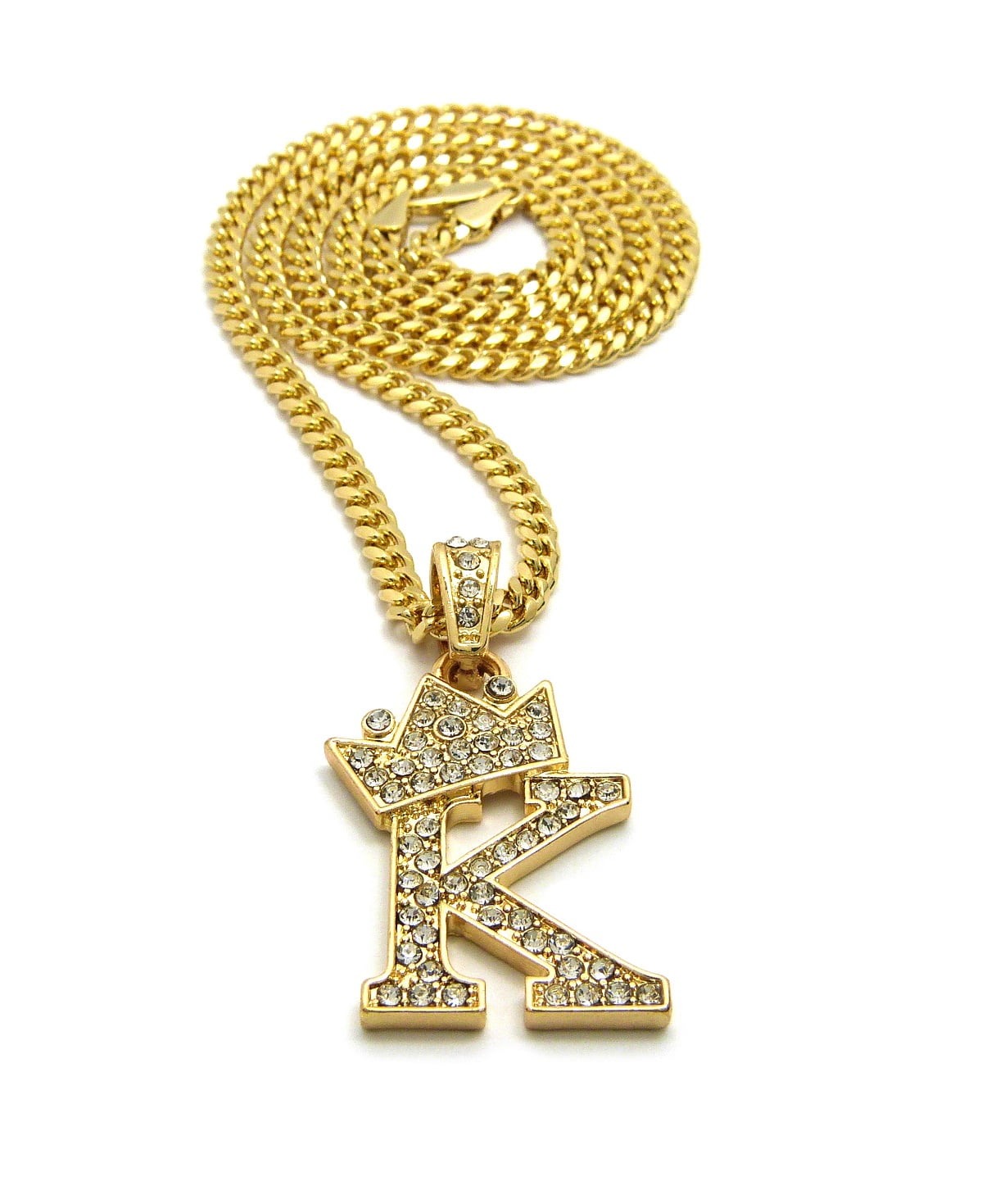 Stone Stud Tilted Crown Initial K Micro Pendant w/ 3mm 24" Cuban Chain ...