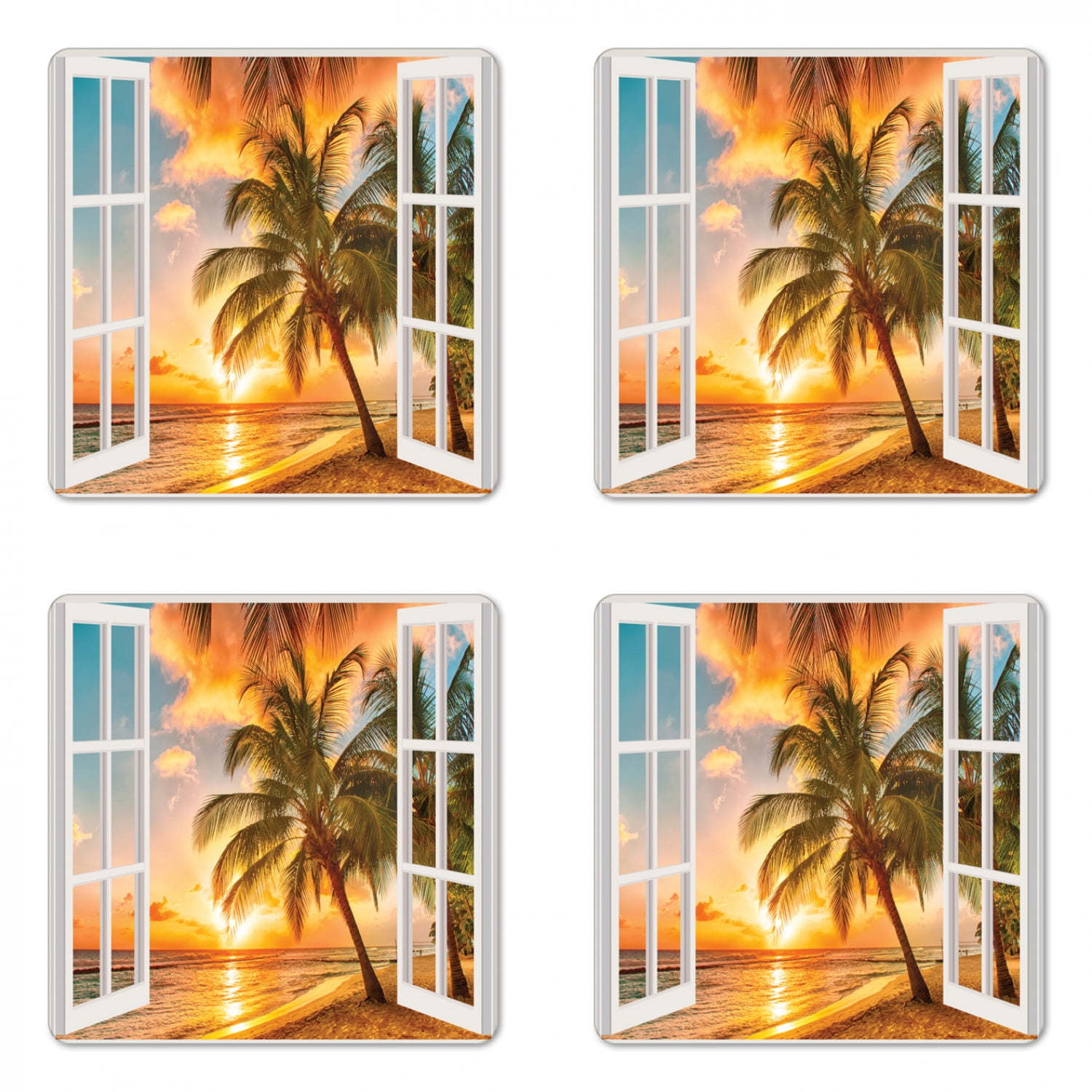 Beach Coaster Set of 4, Sea Ocean Palm Tree Sunset Scenery House Wooden ...