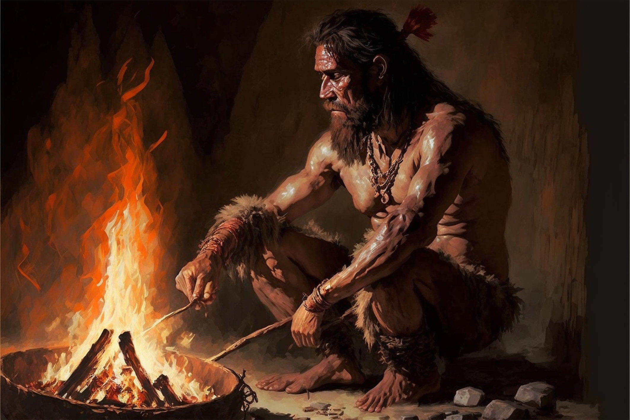 24x36 gallery poster, Neanderthal sitting at camp fire - Walmart.com