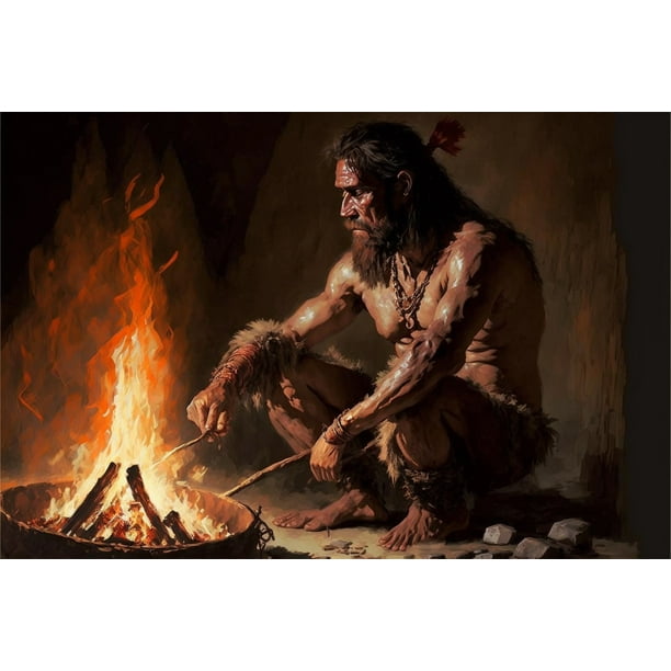 24x36 gallery poster, Neanderthal sitting at camp fire - Walmart.com