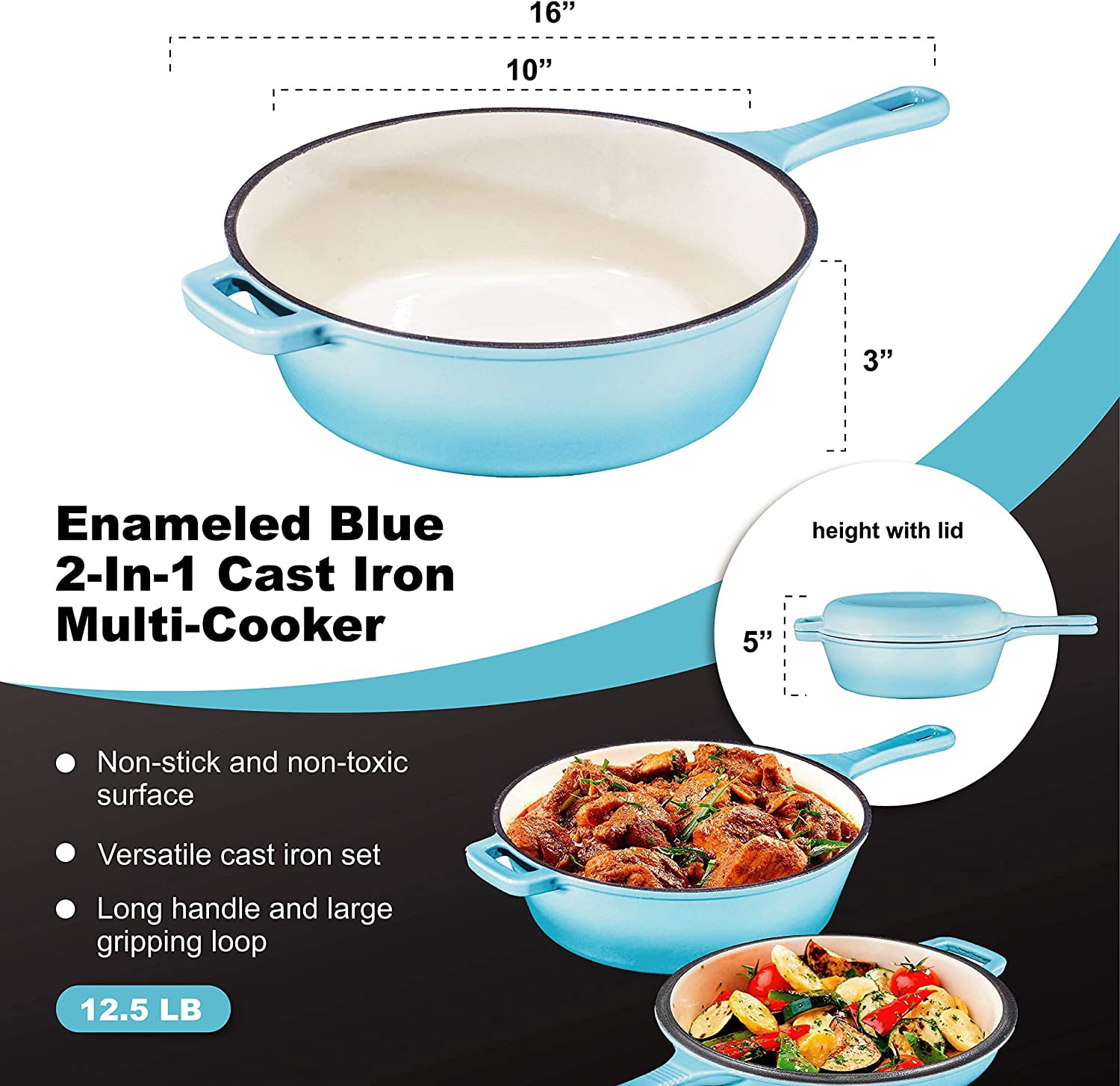Buy Enameled Blue 2-in-1 Cast Iron Multi-Cooker Heavy Duty Skillet and ...