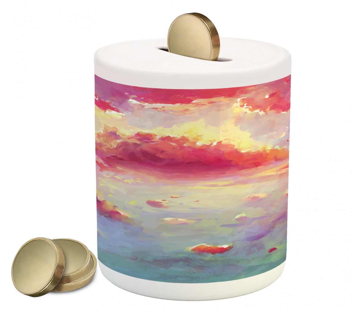Coral Piggy Bank, Vibrant Illustration of Clouds Scenic Sunset Fluffy ...