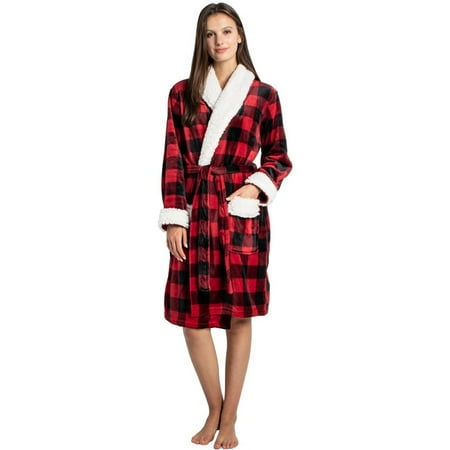 Safdie & Co. Polyester Bath Robe Sherpa Trim L/XL Red and Black Buffalo ...