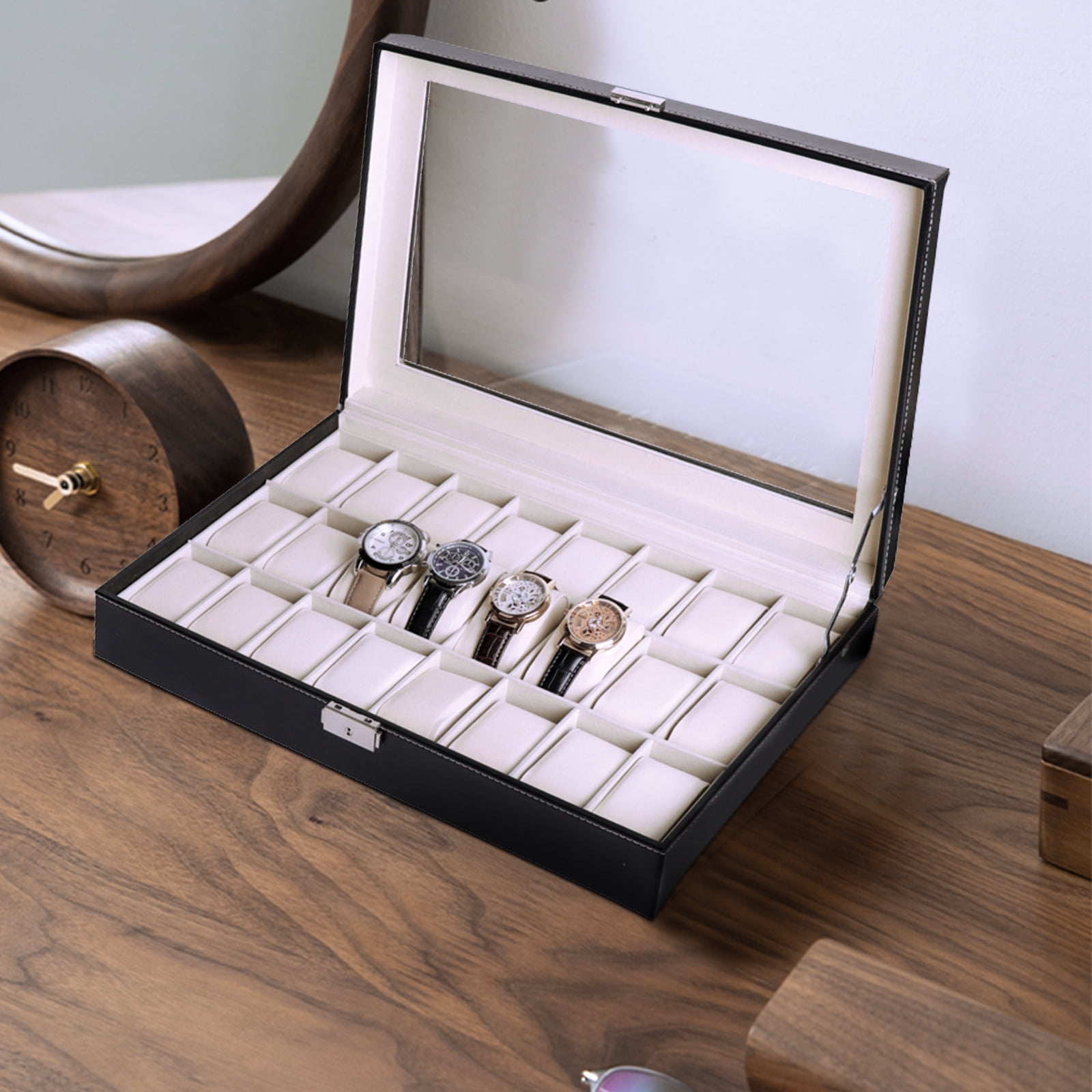 24 Slot Wrist Watch Box Top Jewelry Storage Display Case Organizer ...