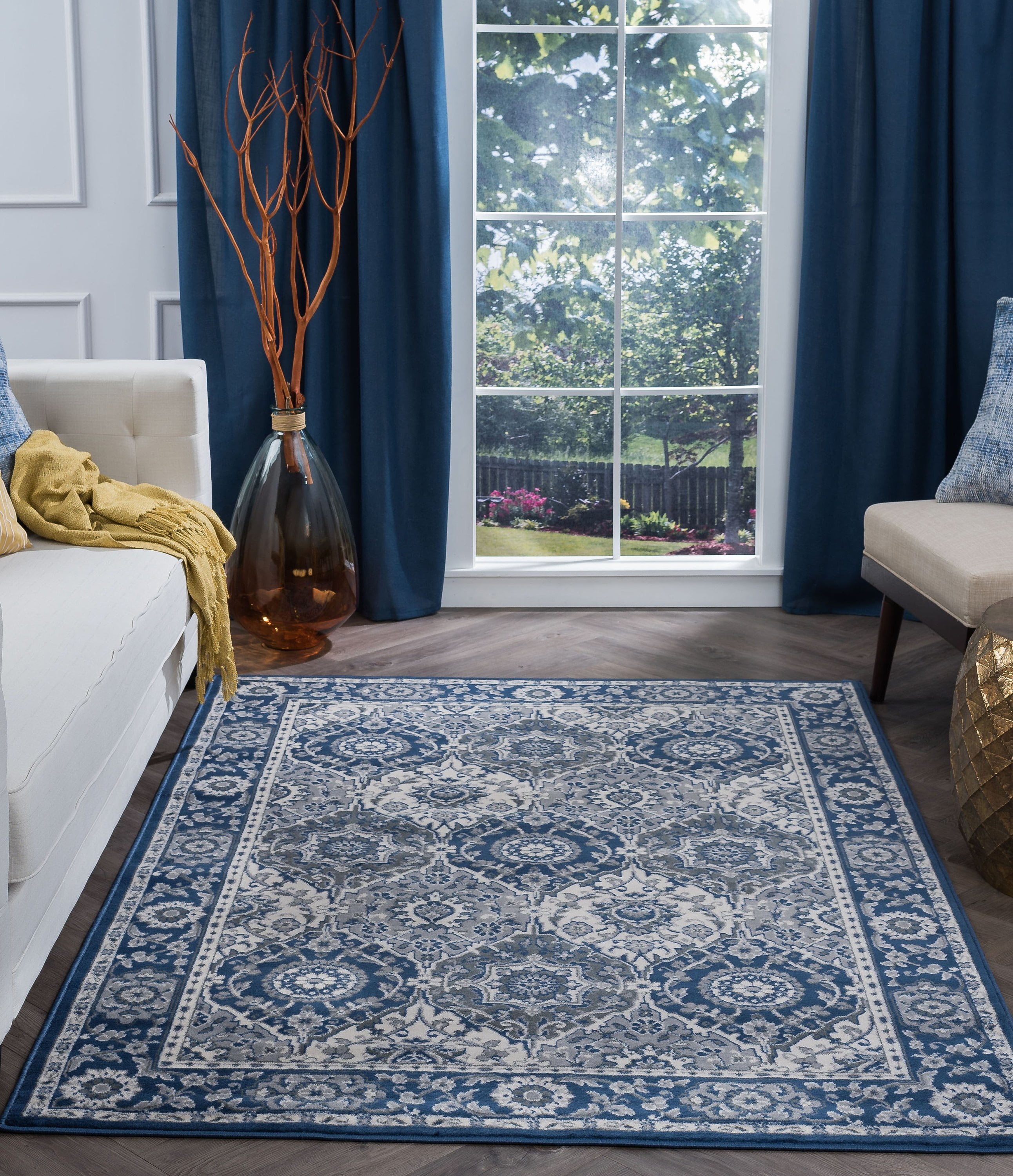 Traditional 5x7 Area Rug (5' x 7') Oriental Navy, Cream Living Room ...