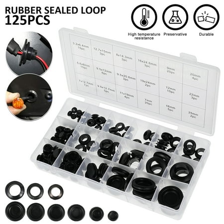 125 Piece Rubber Grommet Assortment Set Black Rubber Grommet O-Ring Kit ...