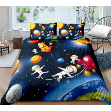 Outer Space Bedding Boys Cute Space Alien Duvet Cover Blue Rocket Ship ...