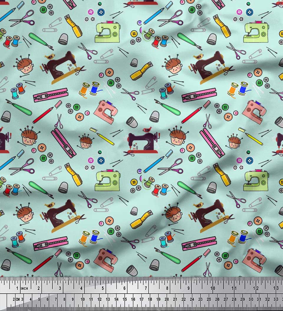 Soimoi Cotton Cambric Fabric Scissor,Buttons & Machine Sewing Print ...
