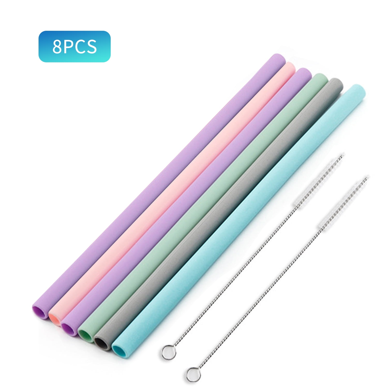 6PCS Reusable Silicone Drinking Straws with 2 Cleaning Brushes Long ...