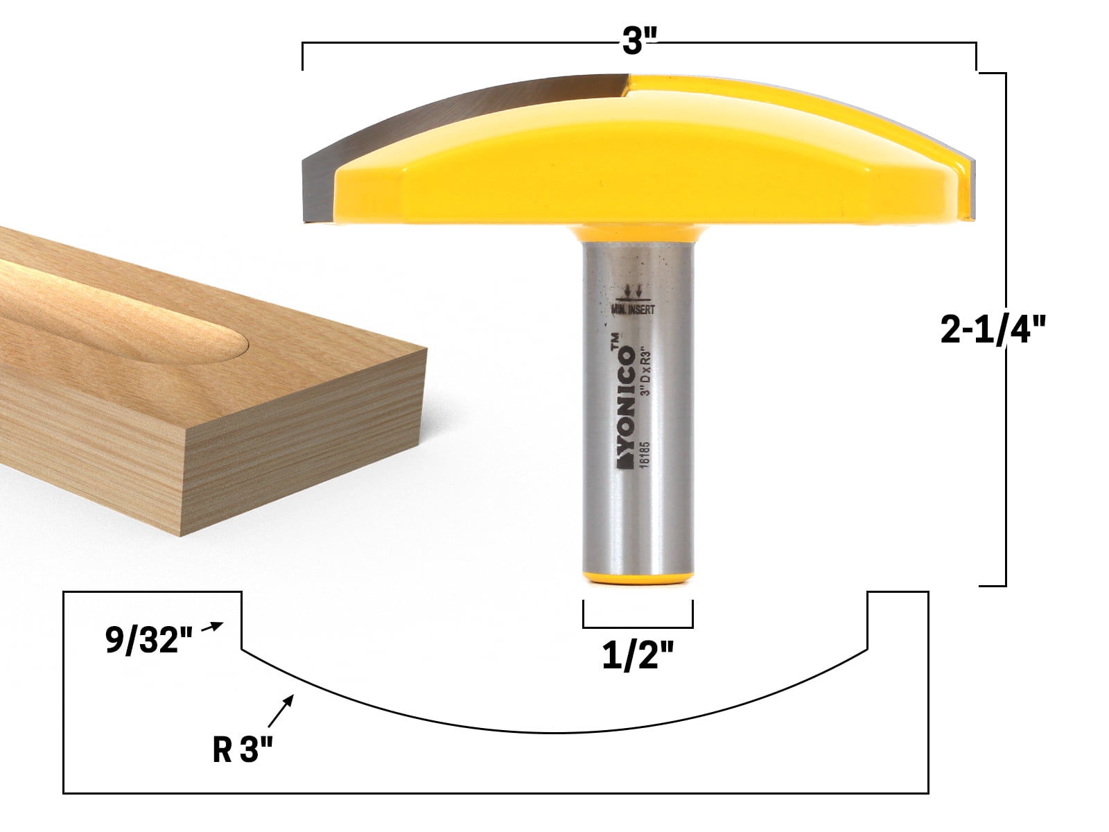 3" Radius Horizontal Crown Router Bit - 1/2" Shank - Yonico 16185 ...