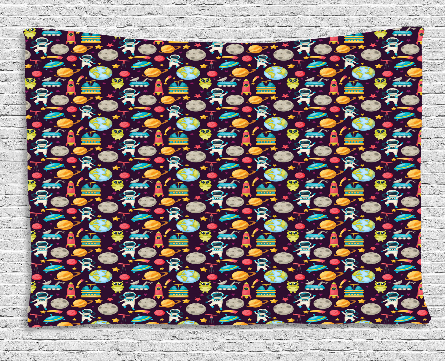 Outer Space Tapestry, Galaxy Party Pattern Ufo Aliens Telescope Cosmos ...