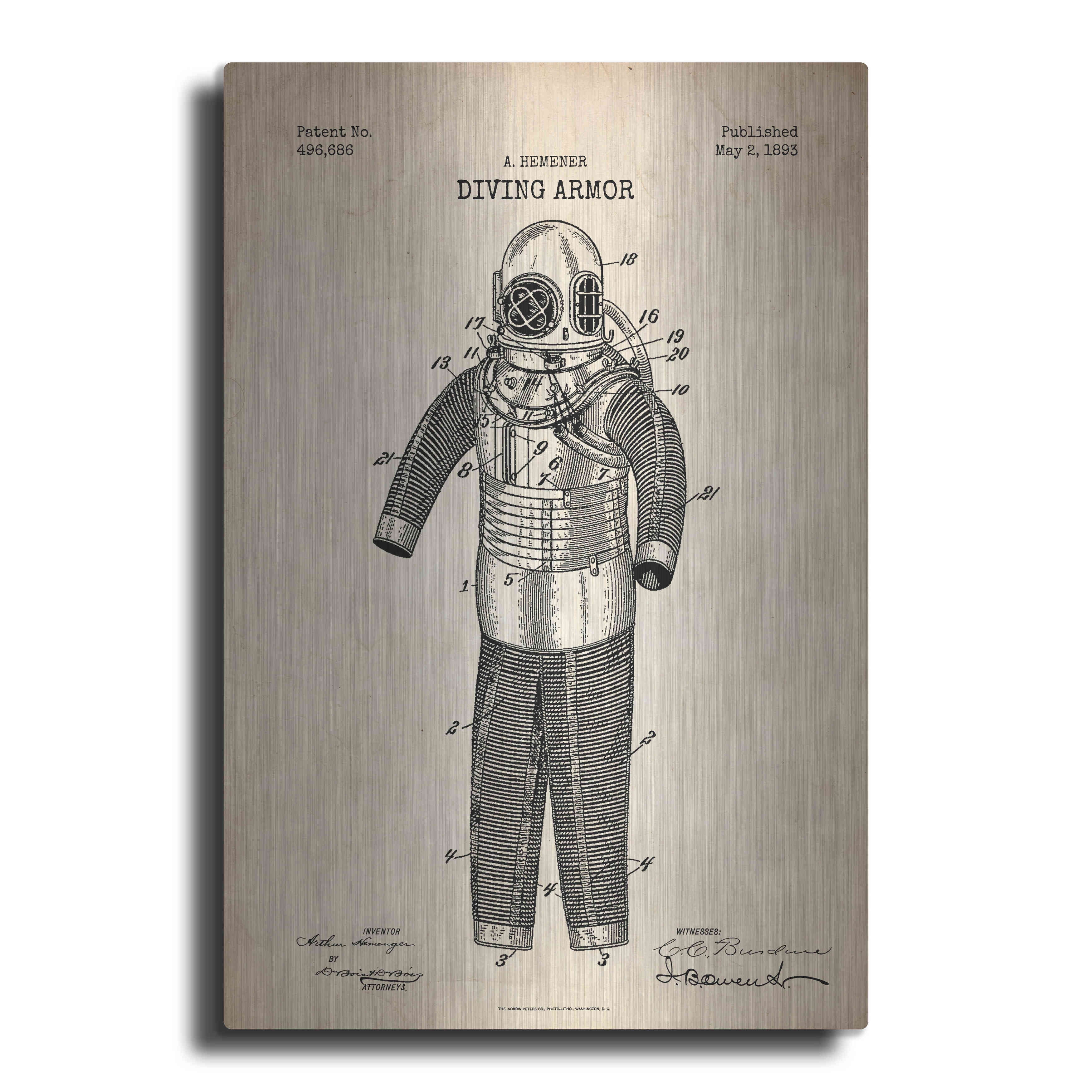 Luxe Metal Art 'Diving Armor Blueprint Parchment Patent' Metal Wall Art ...