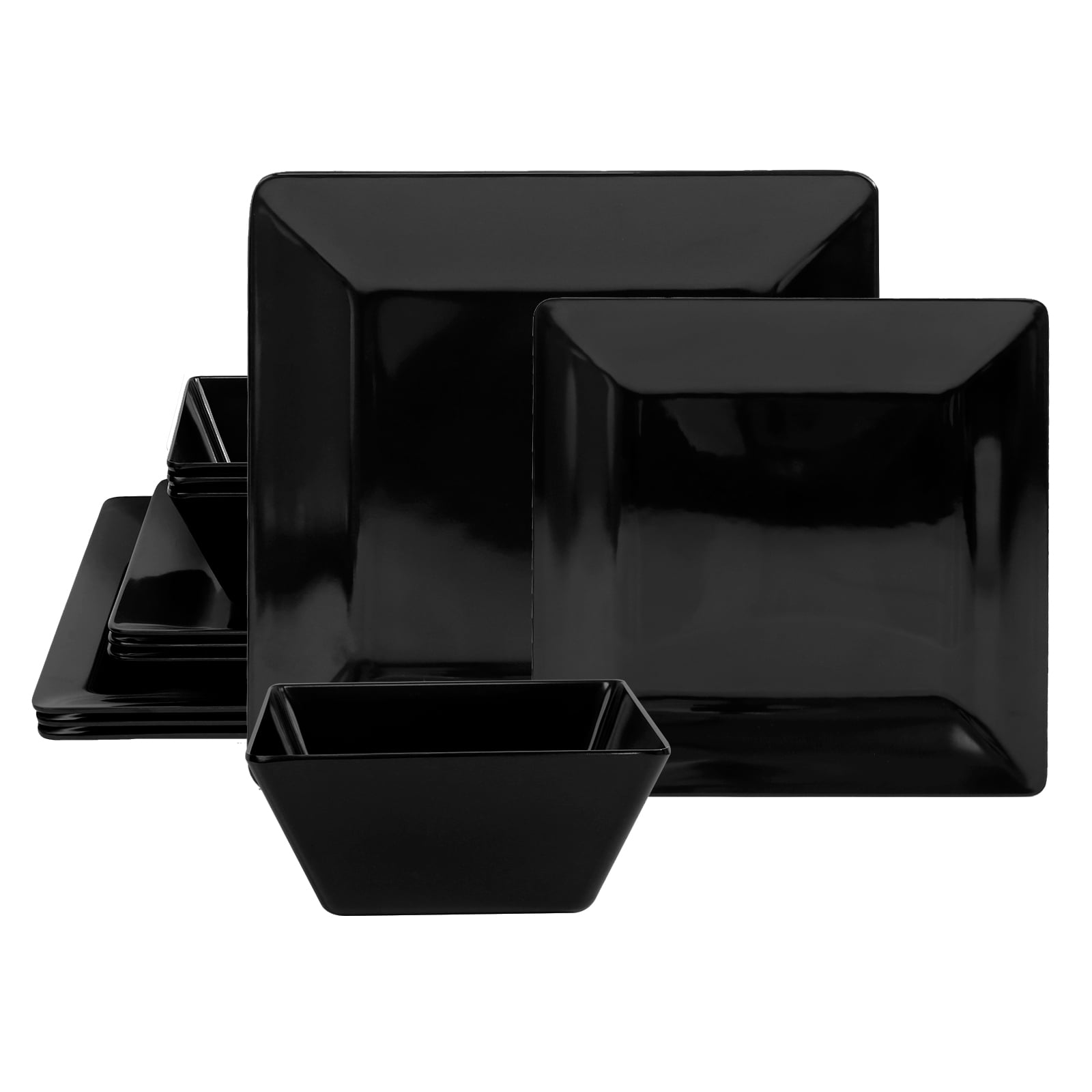 TP 12-Piece Classic Square Melamine Dinnerware Set, Plates and Bowls ...