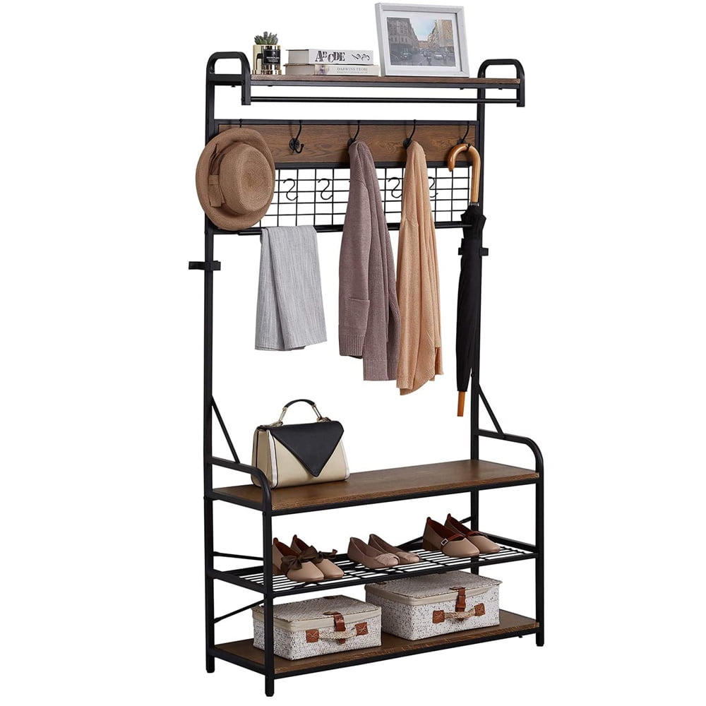 Entryway Hallway Coat Shoe Rack 3 Tiers Shoe Rack with Coat Hat Hooks ...