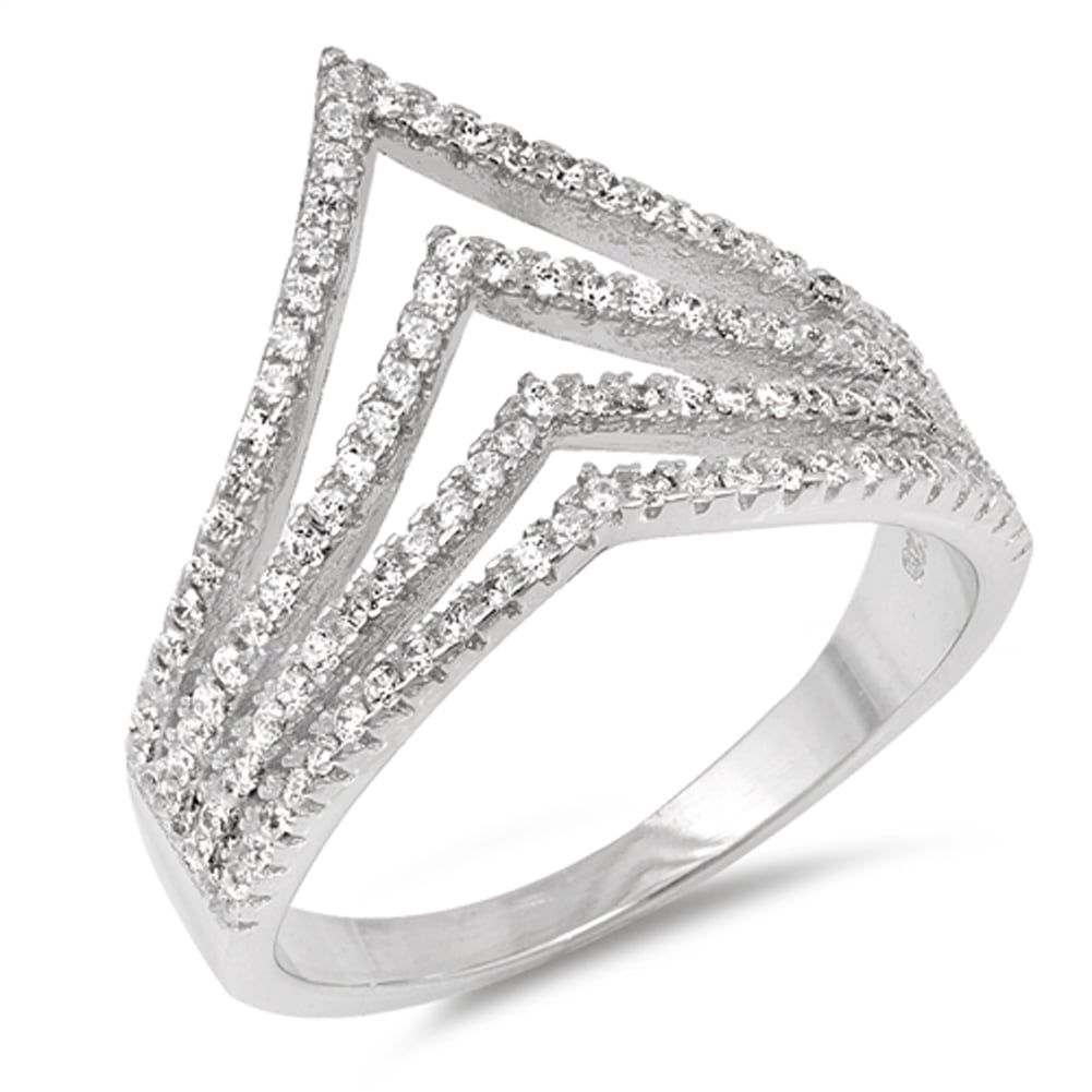 White CZ Open Chevron Pointed Wide Ring ( Sizes 5 6 7 8 9 10 ) New .925 ...