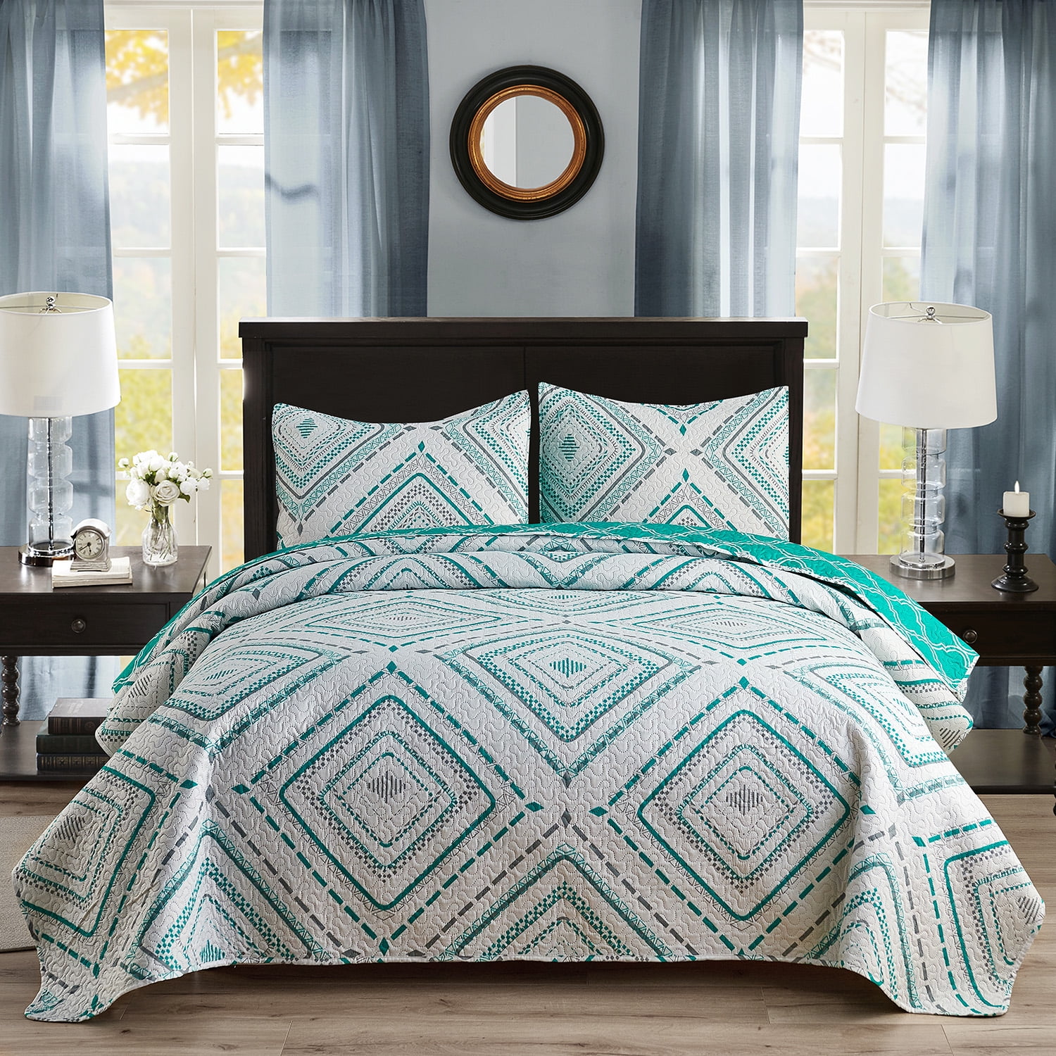 JML Quilt Set, Queen, Turquoise Geometric, 3 Piece - Walmart.com