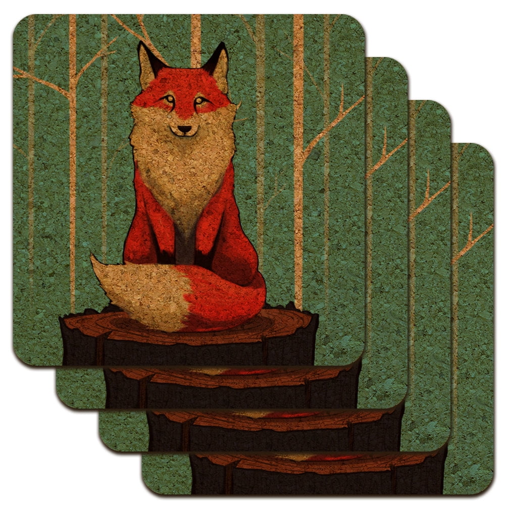 Fox on Tree Stump Low Profile Novelty Cork Coaster Set - Walmart.com