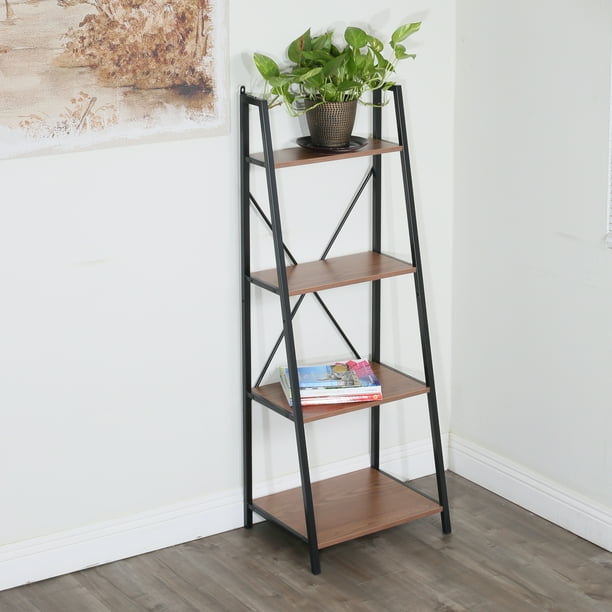 4-tier Walnut Ladder Bookshelf with Black Frame - Walmart.com