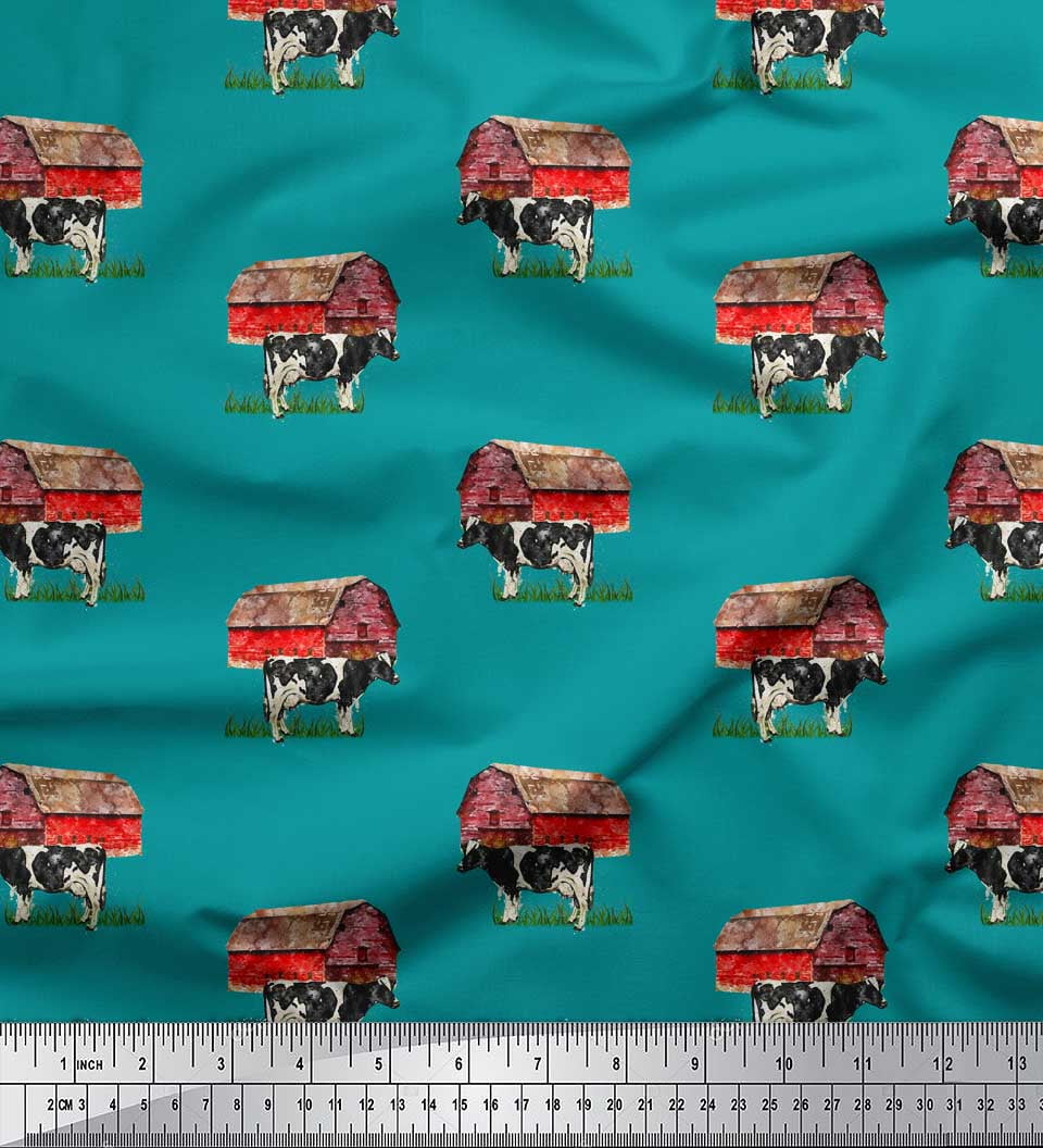 Soimoi Green polyester Crepe Fabric Barn & Cow Farm Print Fabric by the ...