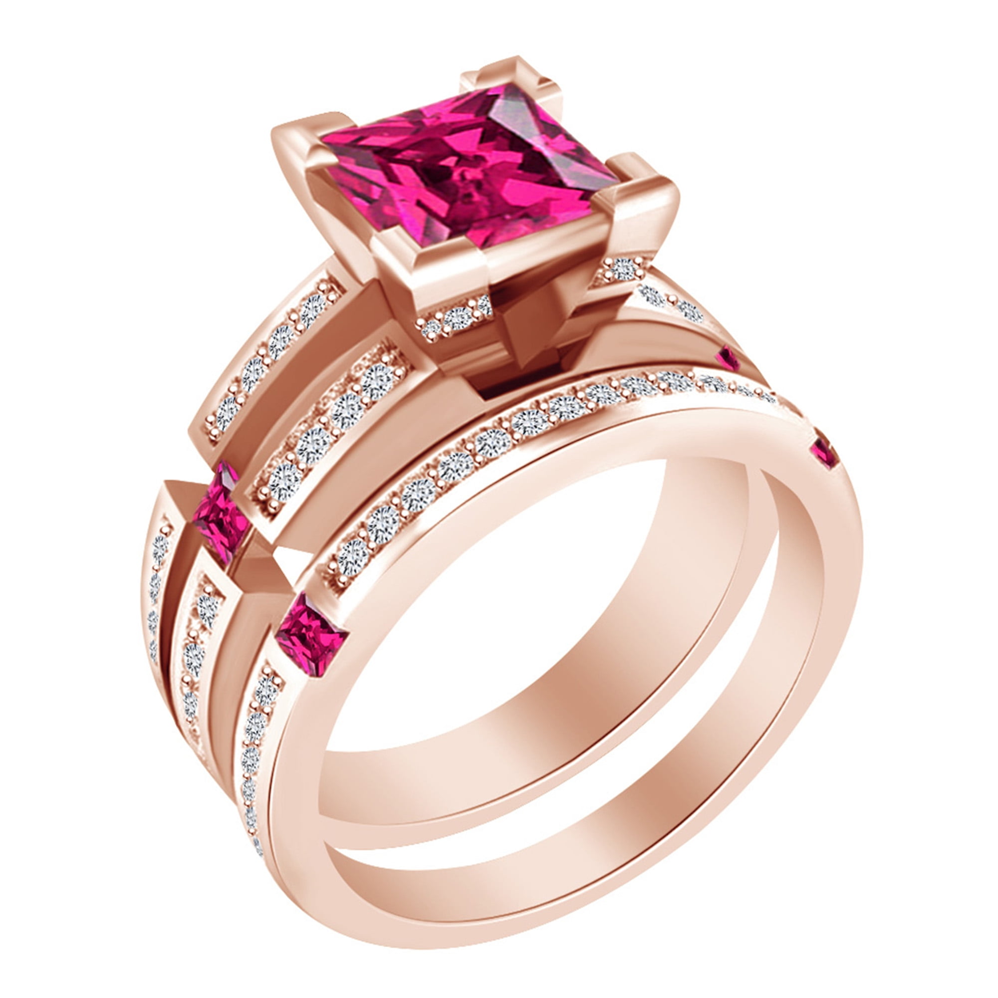 Jewel Zone US - Princess & Round Shape Simulated Ruby & White CZ 14k ...