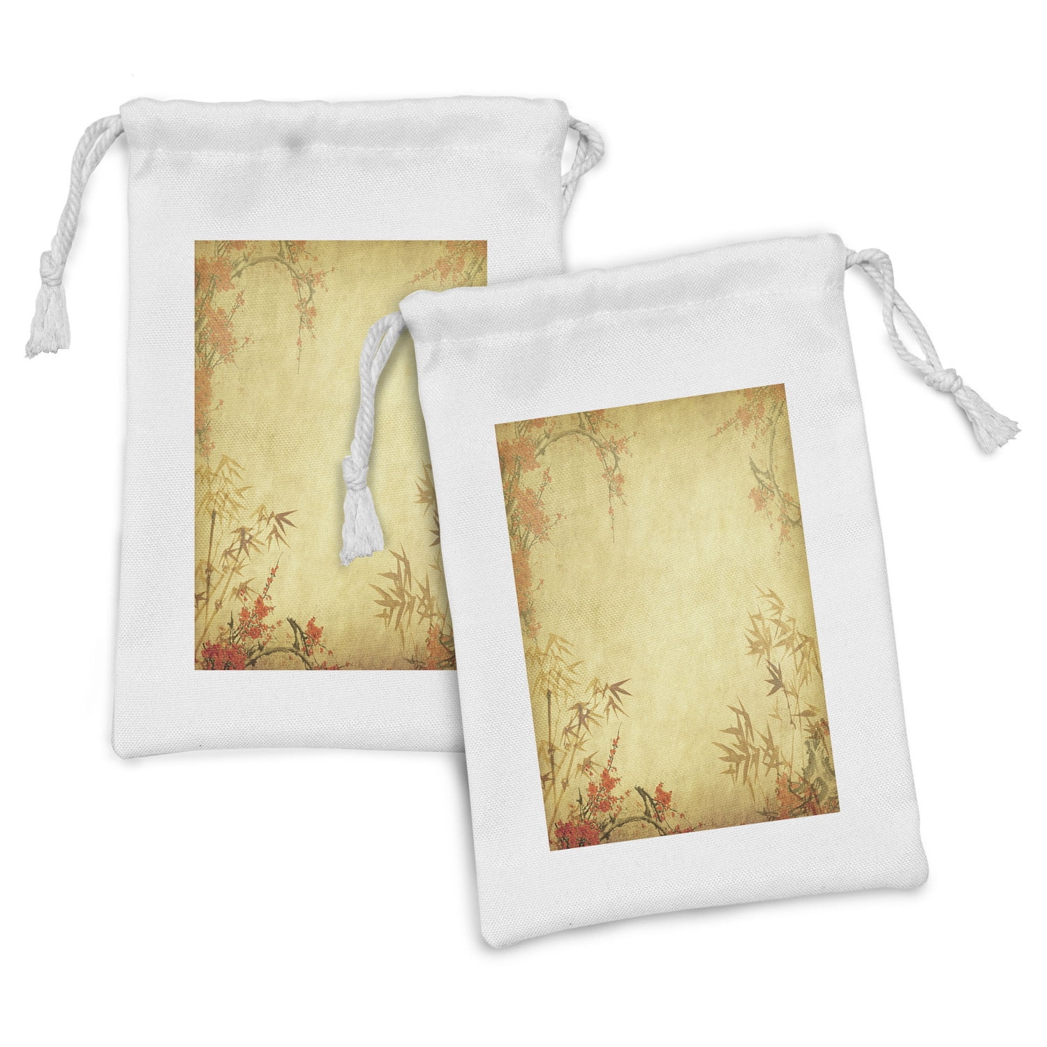 Bamboo Print Fabric Pouch Set of 2, Bamboo Stems and Blooming Flower ...