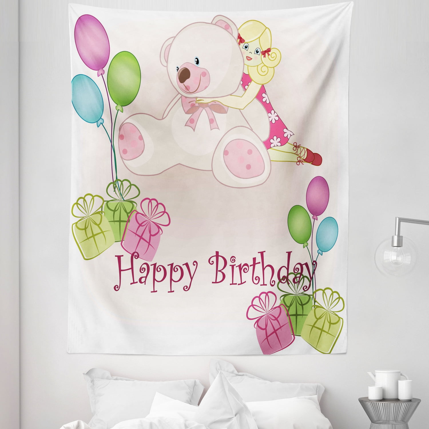 Birthday Party Tapestry, Girl Birthday with Teddy Bears Toys Balloons ...