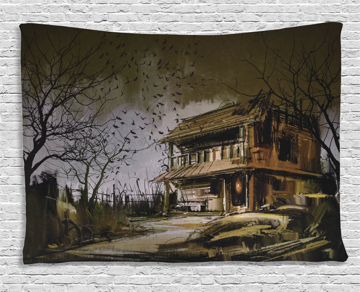 Rustic Home Decor Tapestry, Old Haunted Abandoned Wood House at Dark ...
