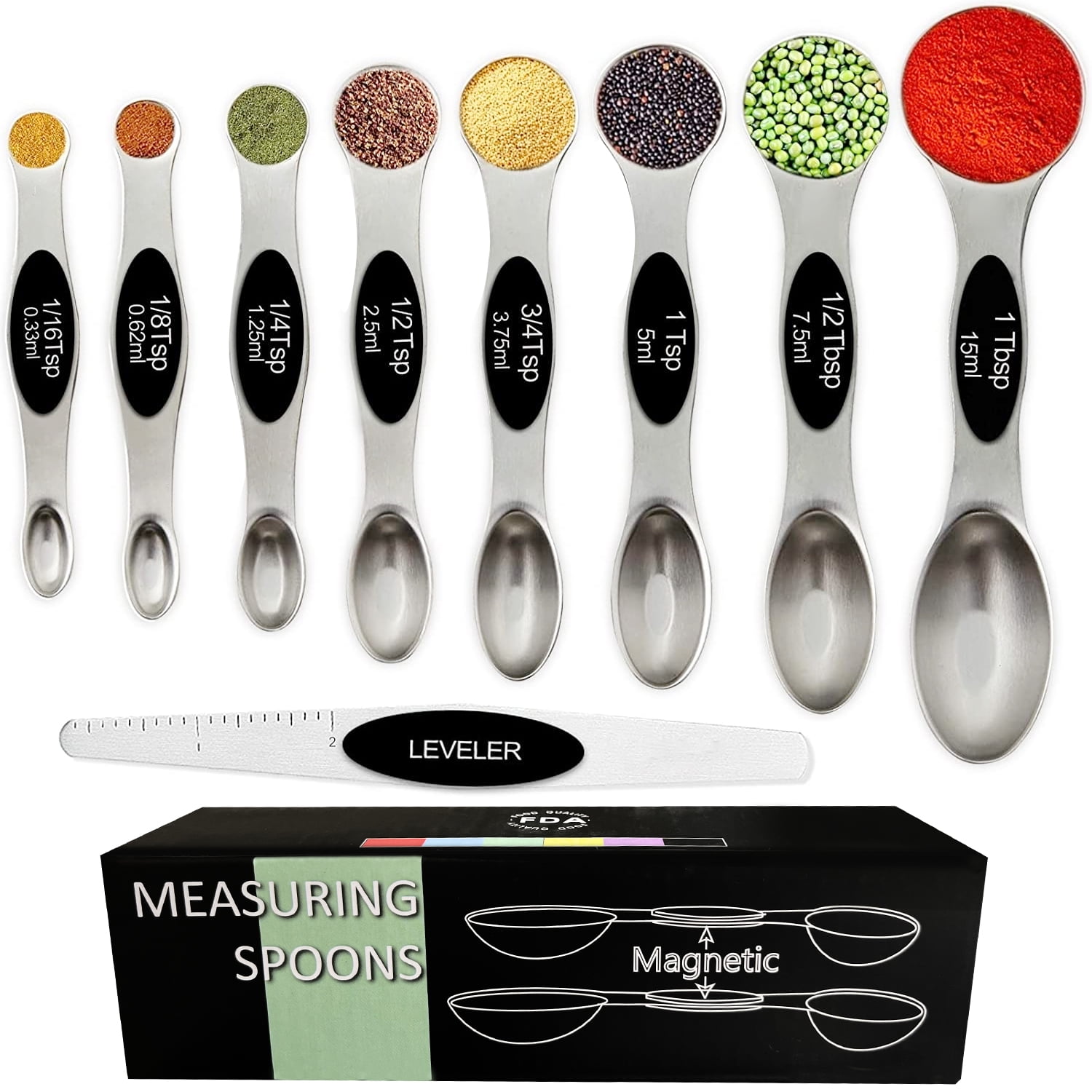 Howarmer Magnetic Measuring Spoons Set, 9 Piece Stainless Steel, Dual ...