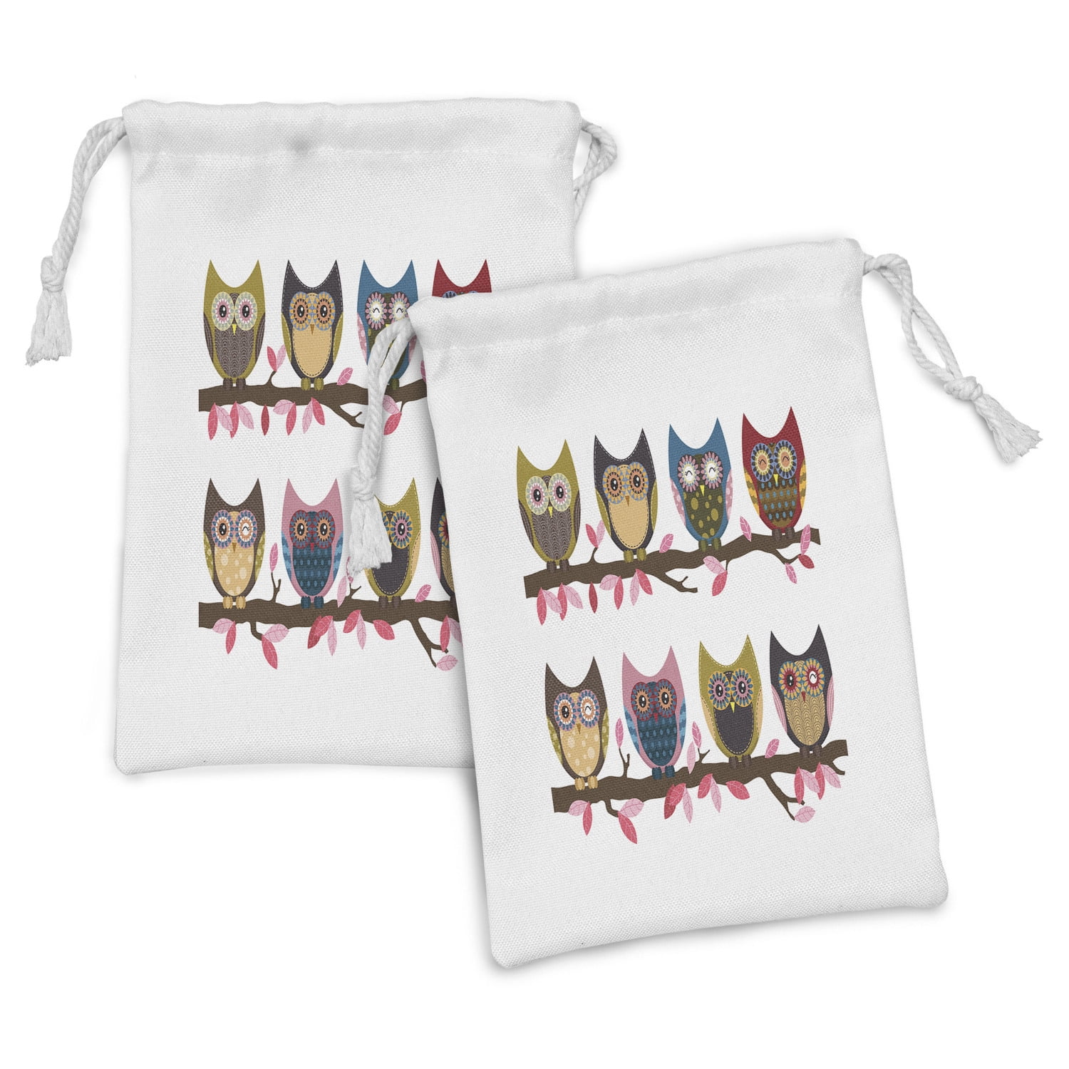 Owls Fabric Pouch Set of 2, Group of Owls Facial Expressions Winking ...