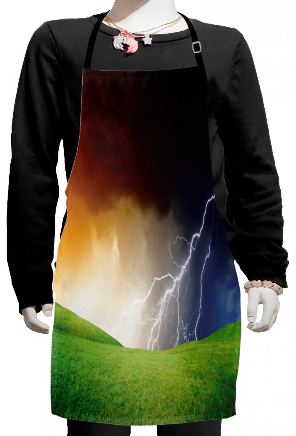 Nature Kids Apron, Nature Landscape with Fresh Grass Field and Thunder ...