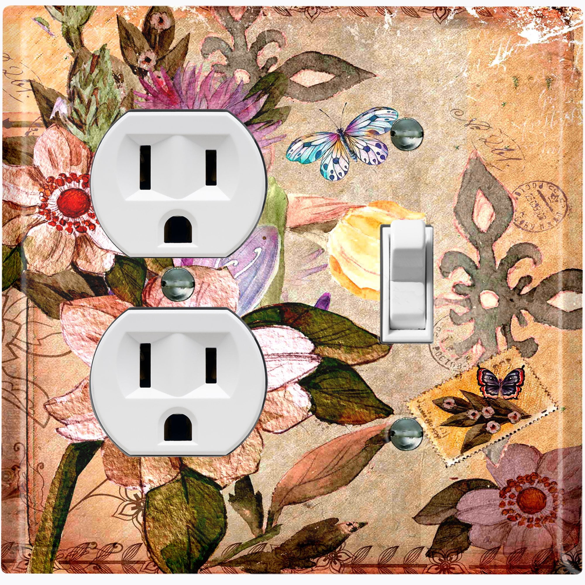 Metal Light Switch Plate Cover Antique Floral Butterfly Stamp Damask ...