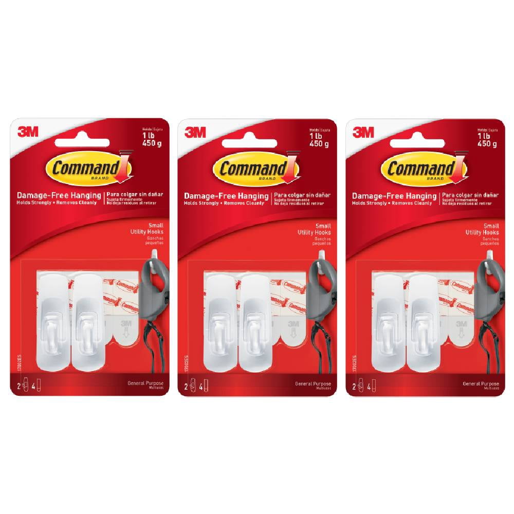 Command 17002 Small Adhesive Hooks 2 Hooks 4 Strips Plastic White, 3 ...