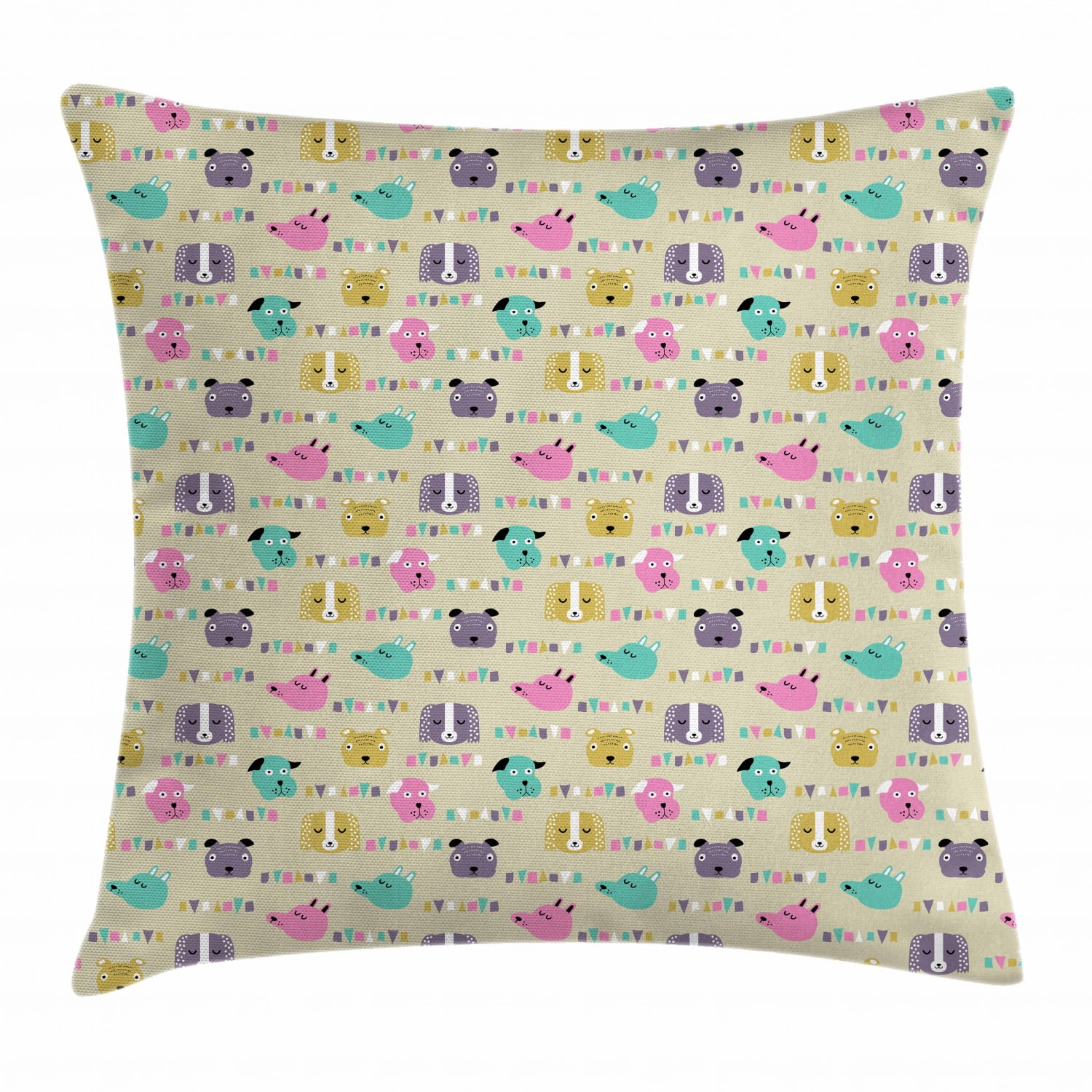 Doodle Throw Pillow Cushion Cover, Animal Faces Puppy Elephant Raccoon ...