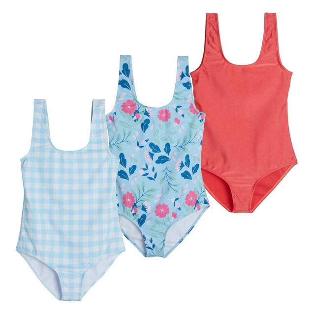 Real Essentials 3 Pack: Girl's Surf UPF 50+ Printed One Piece Beach ...