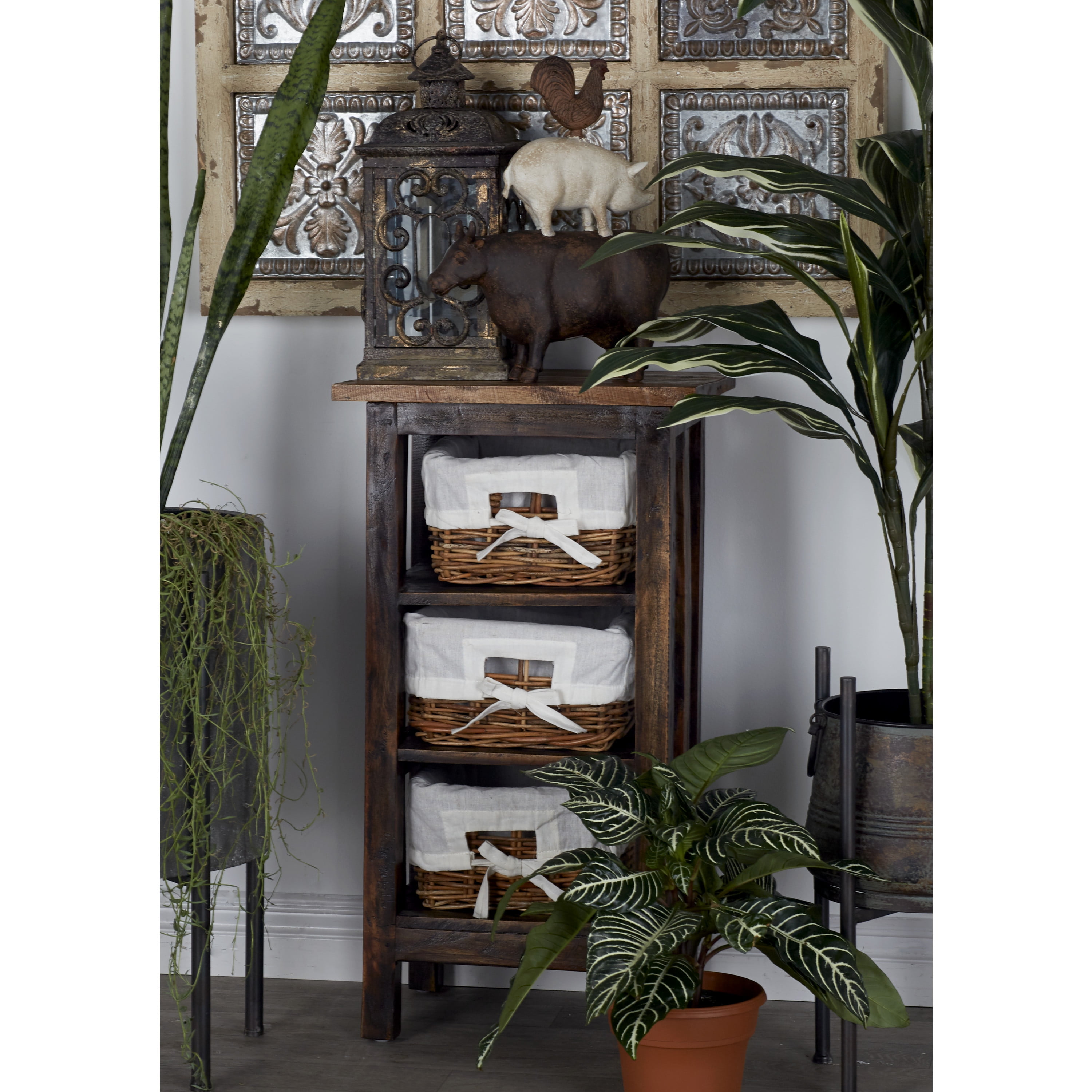 DecMode 15" x 29" Dark Brown Wood 3 Baskets Storage Unit, 1-Piece ...