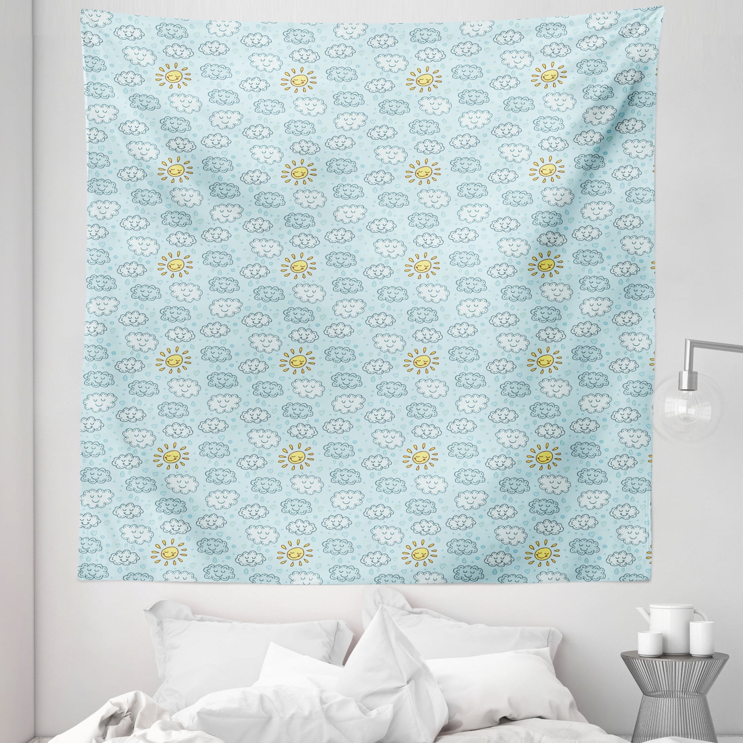 Rain Tapestry, Rainy Day Themed Clouds and Sun Pattern in Repeating ...