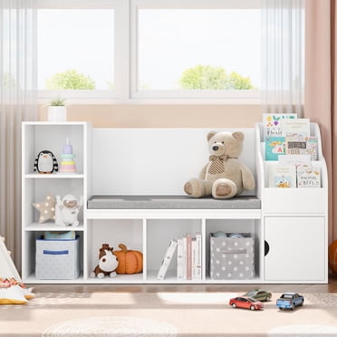 Tolead Kids Bookshelf with Reading Nook & Seat Cushion, 7 Storage ...