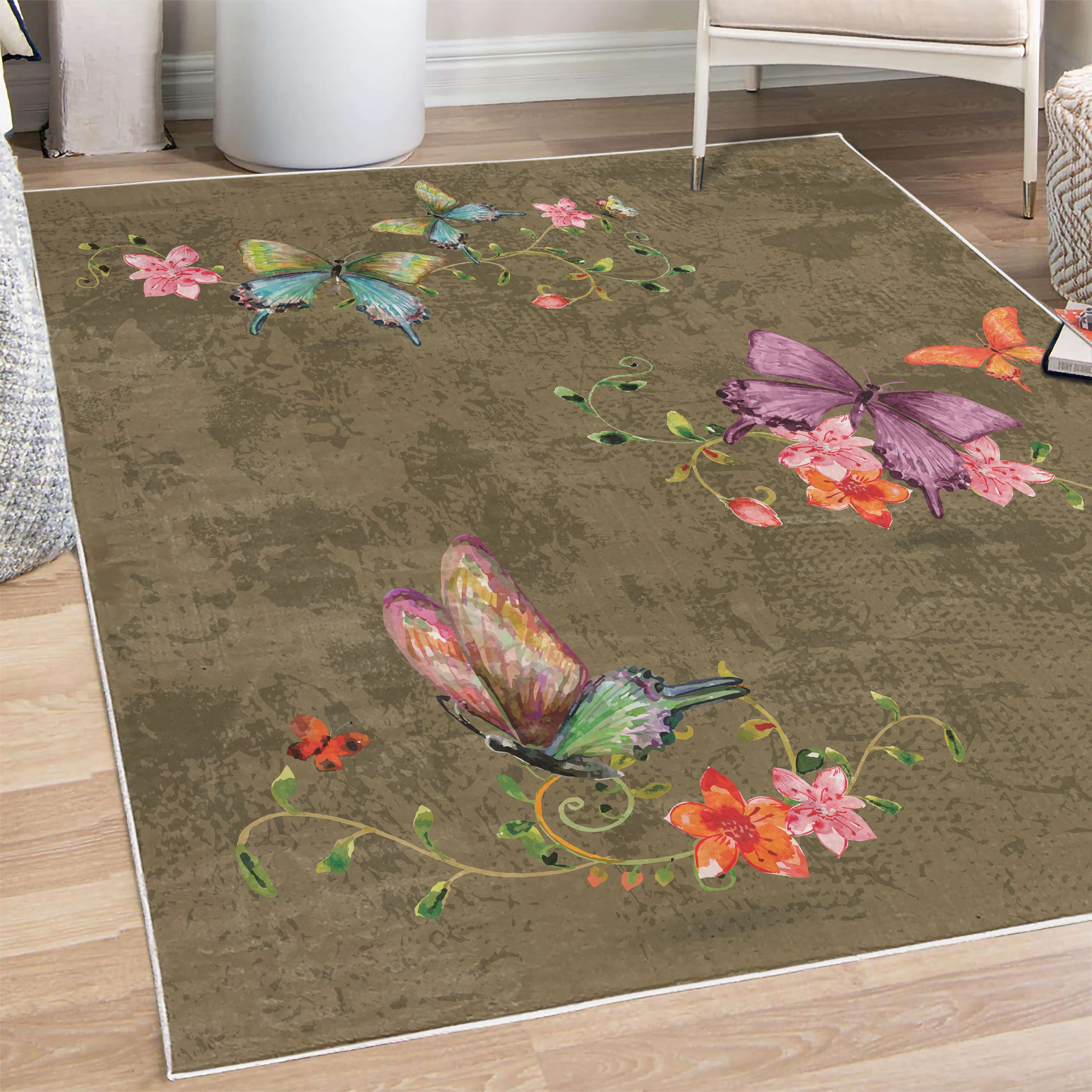 Butterfly Decorative Rug, Springtime Flying Moths on Vintage Style ...