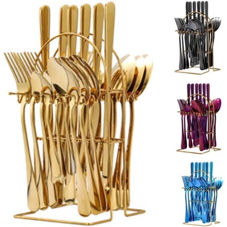 SMARTLIFE Luxury Flatware 24 Piece Set Serving for 6 Gold Stand Elegant ...