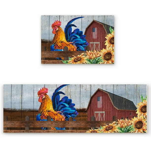 Farm Rooster Sunflower and Barn Kitchen Rug Sets 2 Piece Floor Mat Non ...