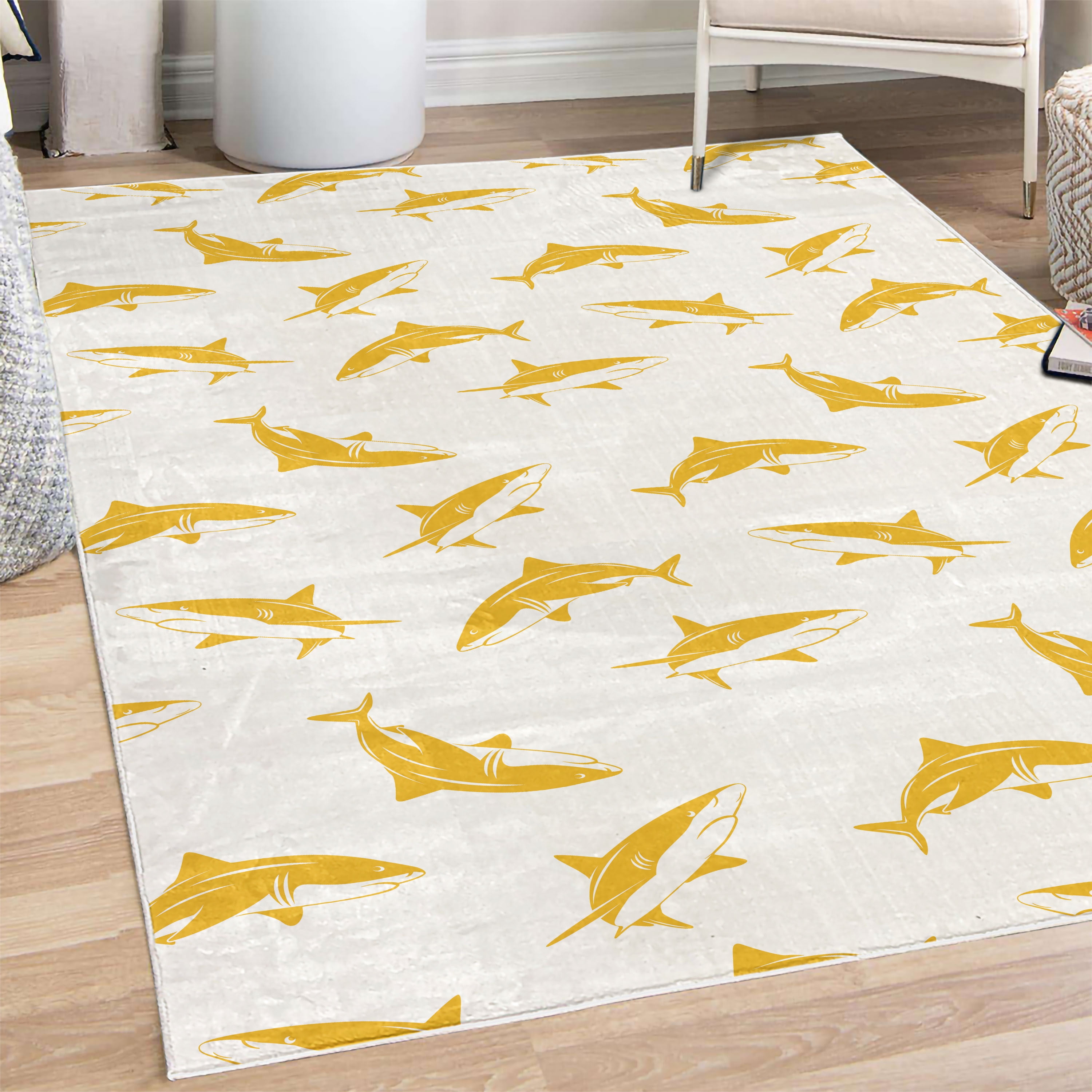 Sea Animals Decorative Rug, Repeated Cartoon Sharks Swimming to ...