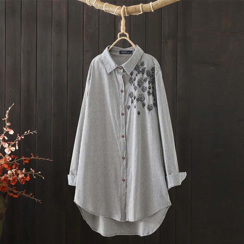 Zanzea Fahion Women Lapel Long Sleeve Shirts Blouses Embroidery Floral