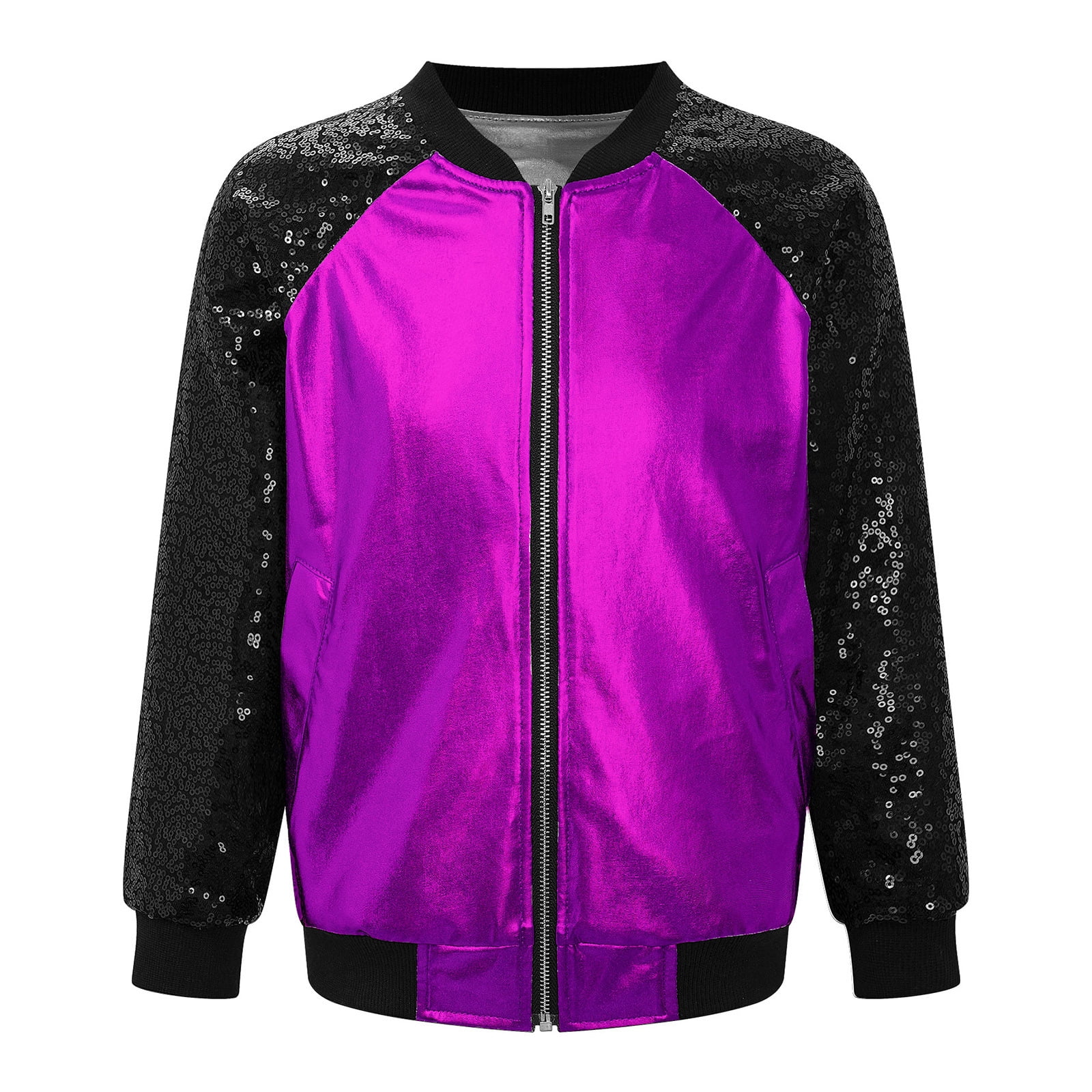 YONGHS Girls Sequins Metallic Zip Up Bomber Jacket Shiny Flight Jacket Coat 70's Disco Costume ...