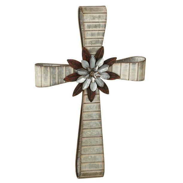 20" Red and White Metal Galvanized Cross with Flower Designed Wall ...