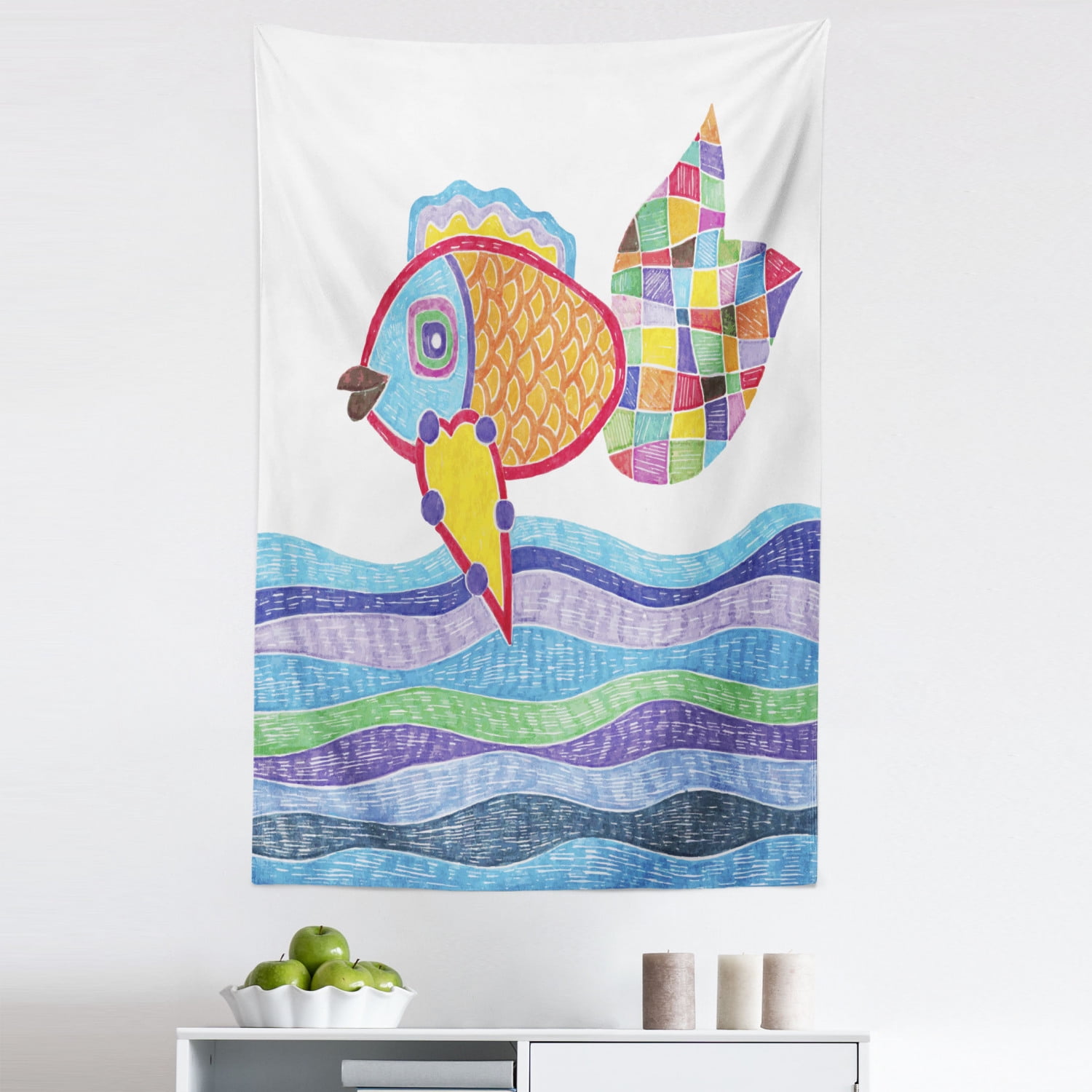 Fish Tapestry, Doodle Marker Pattern Scales and Squares on Wavy Ocean ...
