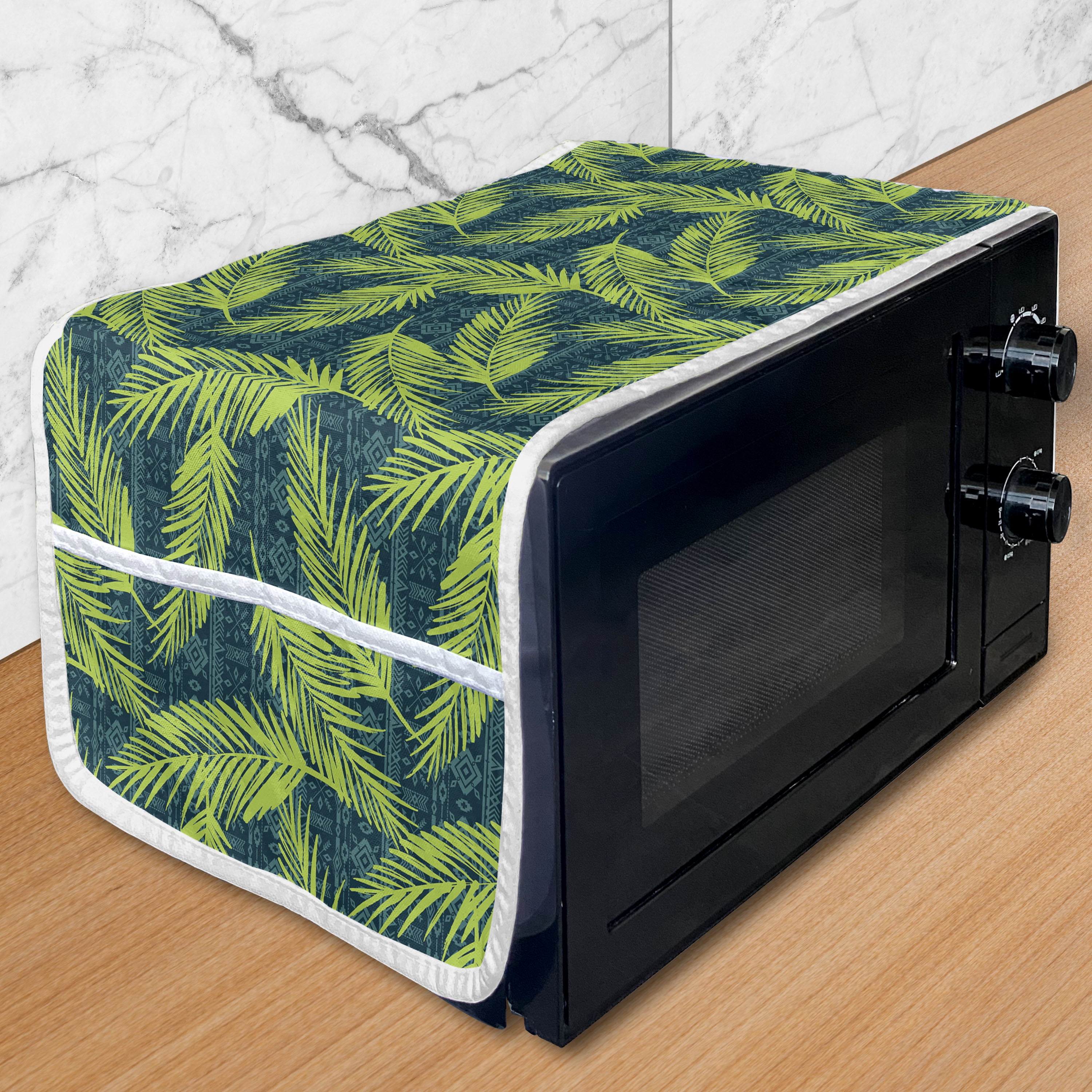 Leaves Microwave Oven Cover, Tribal Aztec Backdrop with Sketched Spiky ...