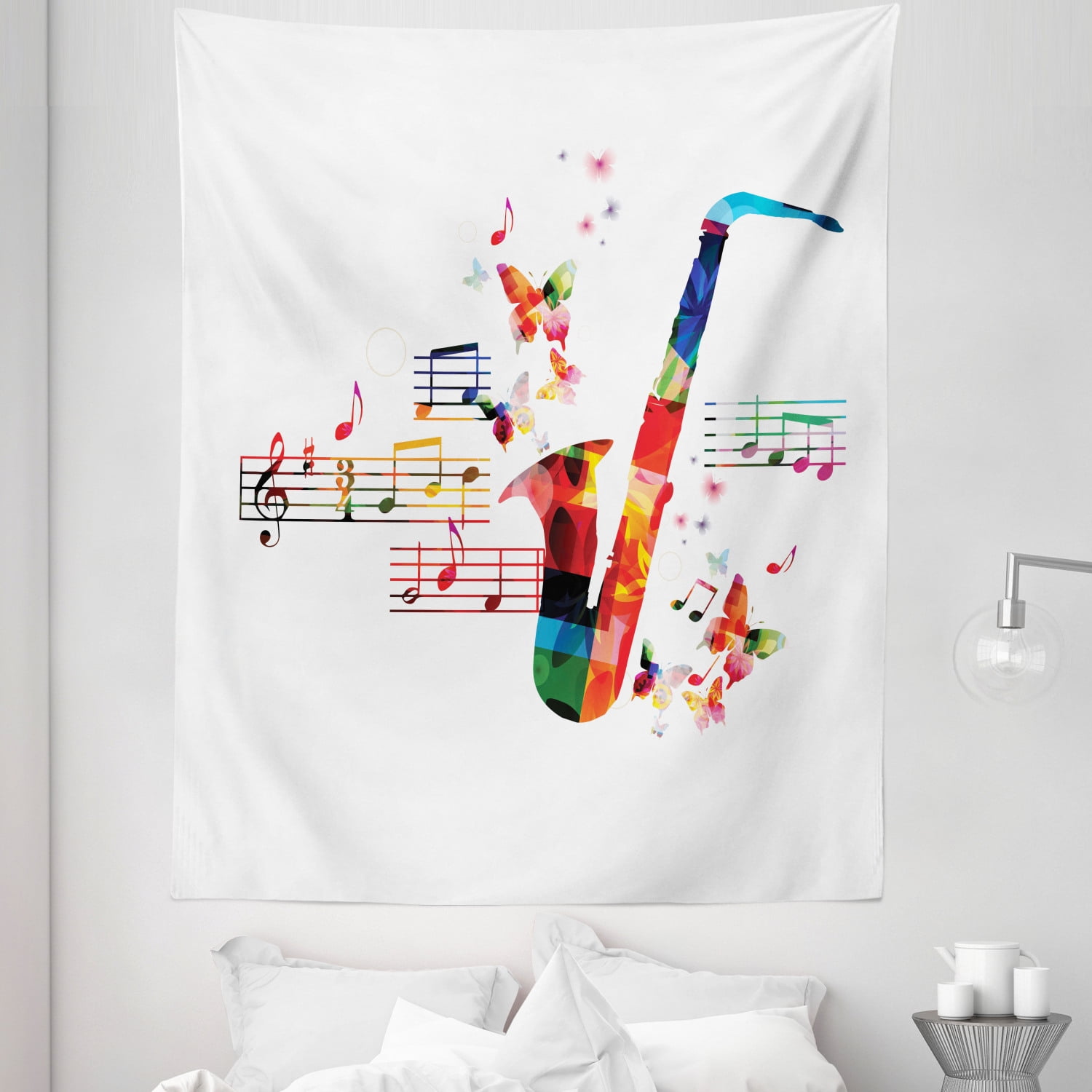 Music Tapestry, Colorful Saxophone Design Butterflies and Sheet ...